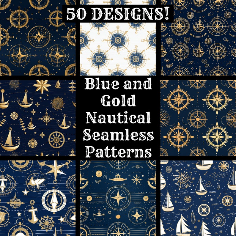 Blue and Gold Nautical Seamless Digital Paper Printable Scrapbook Paper ...