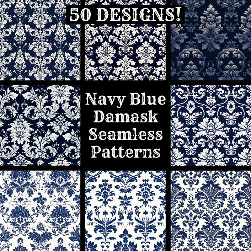 Navy Damask Art - Etsy