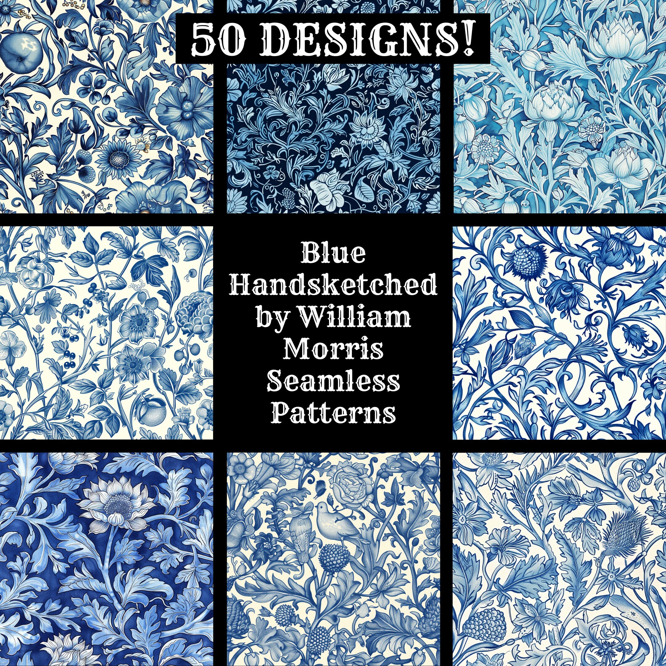 William Morris Blue Floral Seamless Pattern: Handsketched Digital Paper ...
