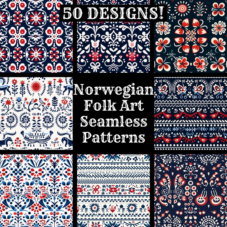 Norwegian Folk Art Seamless Patterns: Digital Scrapbook Paper (PNG) - Etsy