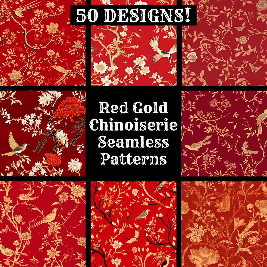 Red Gold Chinoiserie Seamless Digital Paper, Red Gold Chinoiserie ...