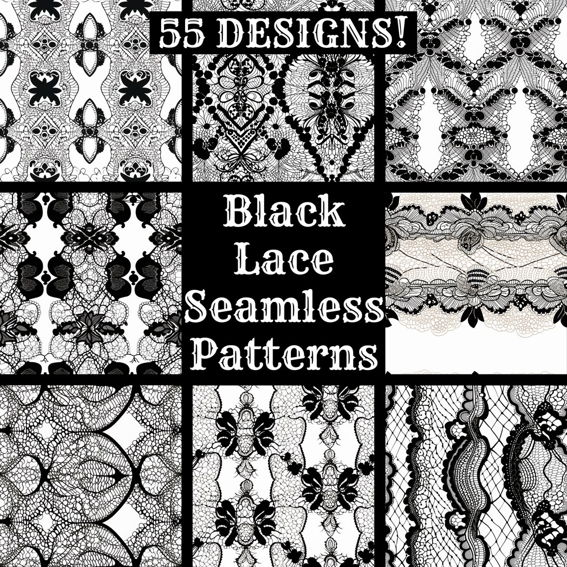 Black Lace Seamless Pattern Digital Paper: 55 PNG Designs (digital ...