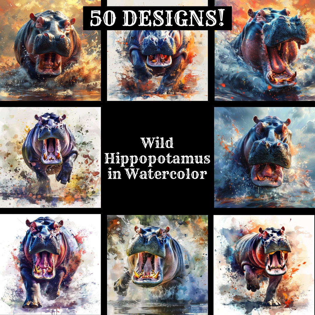 Watercolor Hippopotamus Digital Paper: Scrapbook Journal Supplies (PNG ...