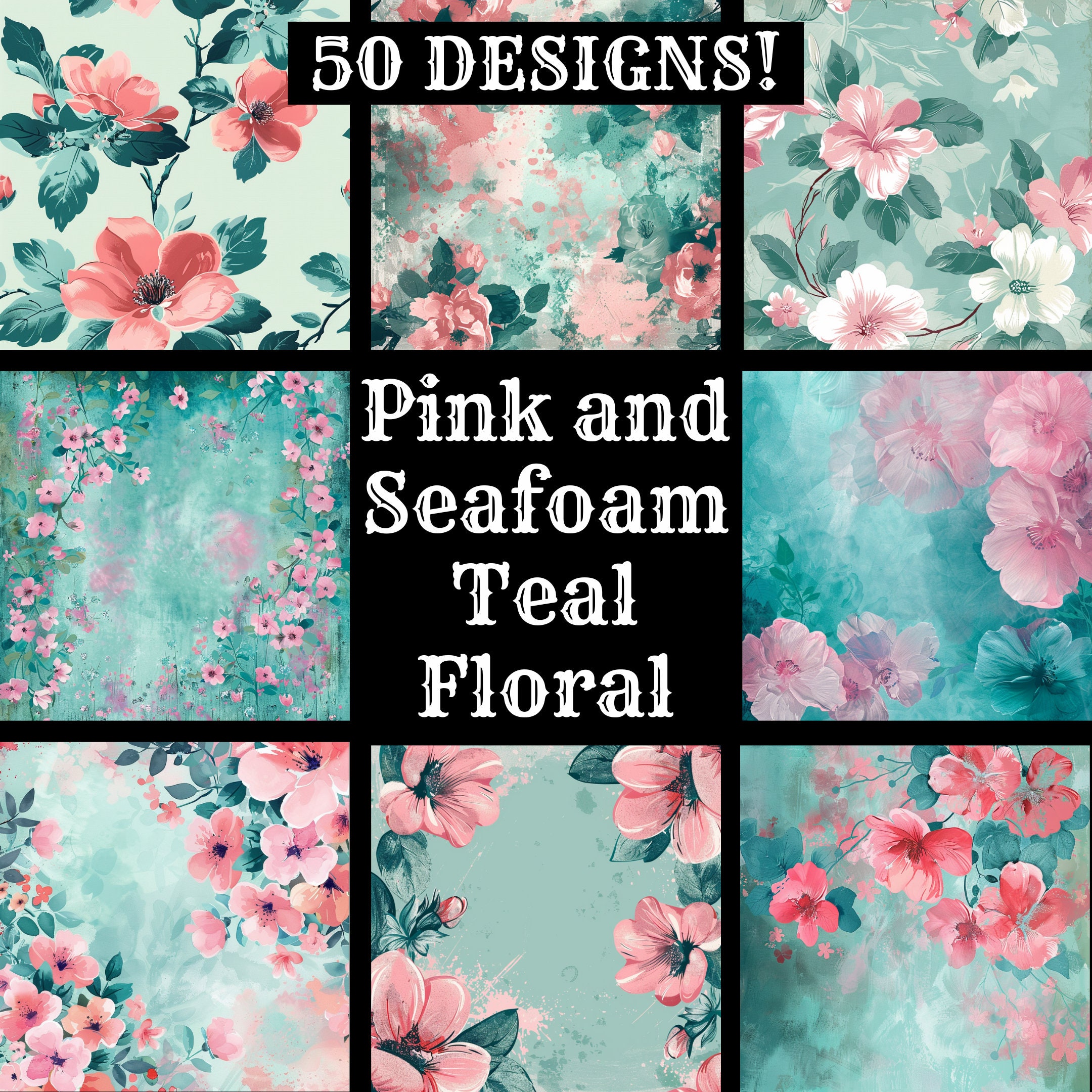 Pink and Teal Floral Digital Paper: High-resolution Scrapbook (digital ...