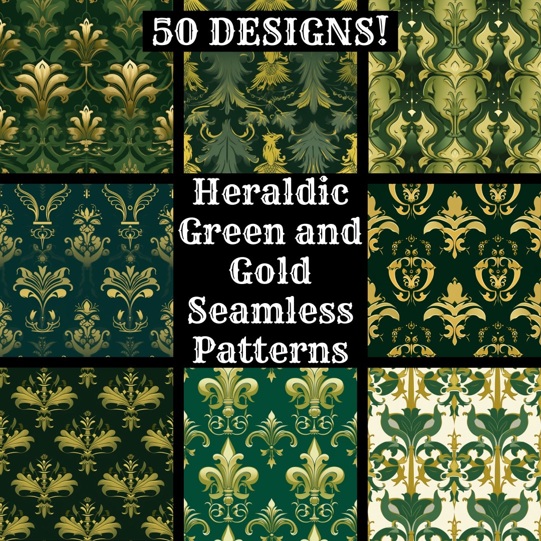 Heraldic Green and Gold Seamless Digital Paper, Printable Scrapbook ...