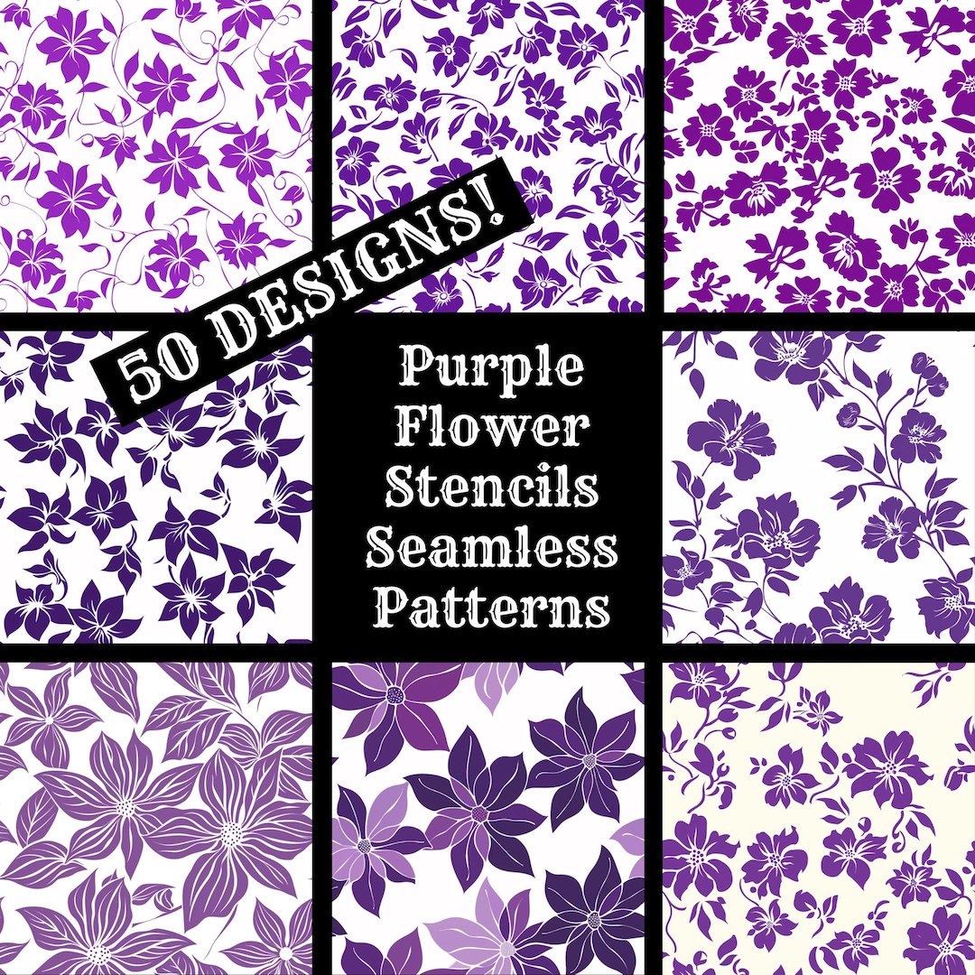 Purple Flower Stencils: Seamless Digital Paper Patterns (PNG, 300 Dpi ...