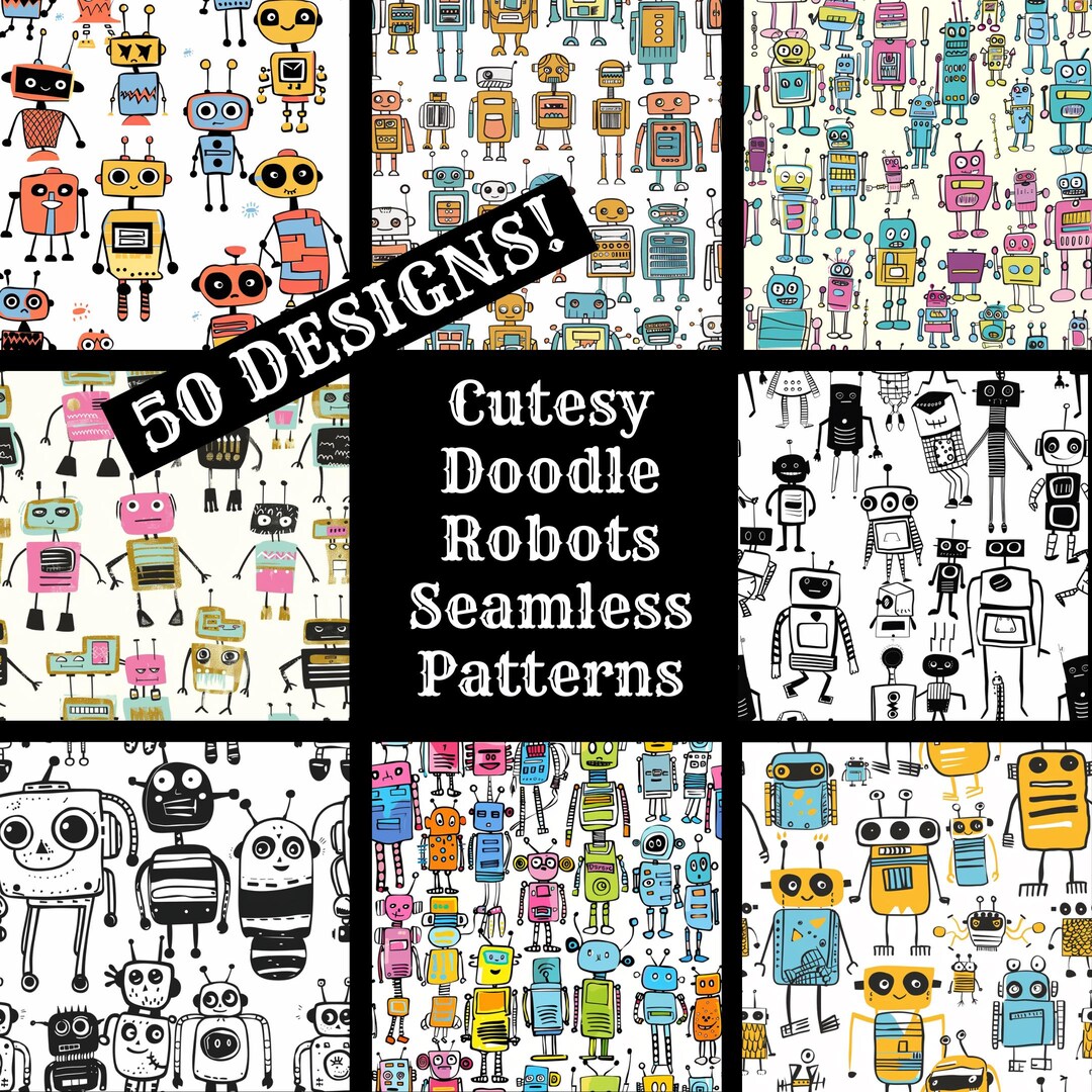 Cutesy Doodle Robot Seamless Pattern: Scrapbook Paper (digital Download ...