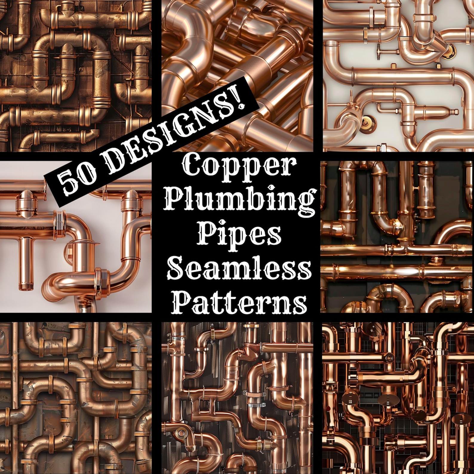 Copper Plumbing Pipes Seamless Pattern: 50 PNG Digital Papers (digital ...