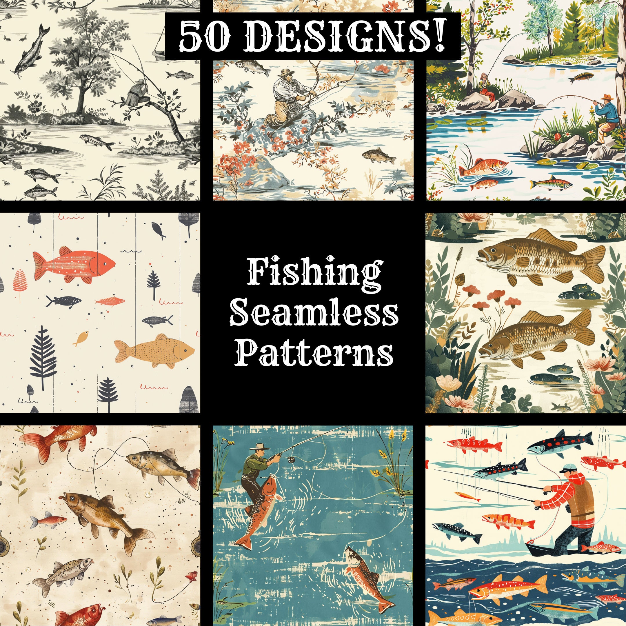 Fishing Seamless Digital Paper, Fishing Printable Scrapbook Paper ...