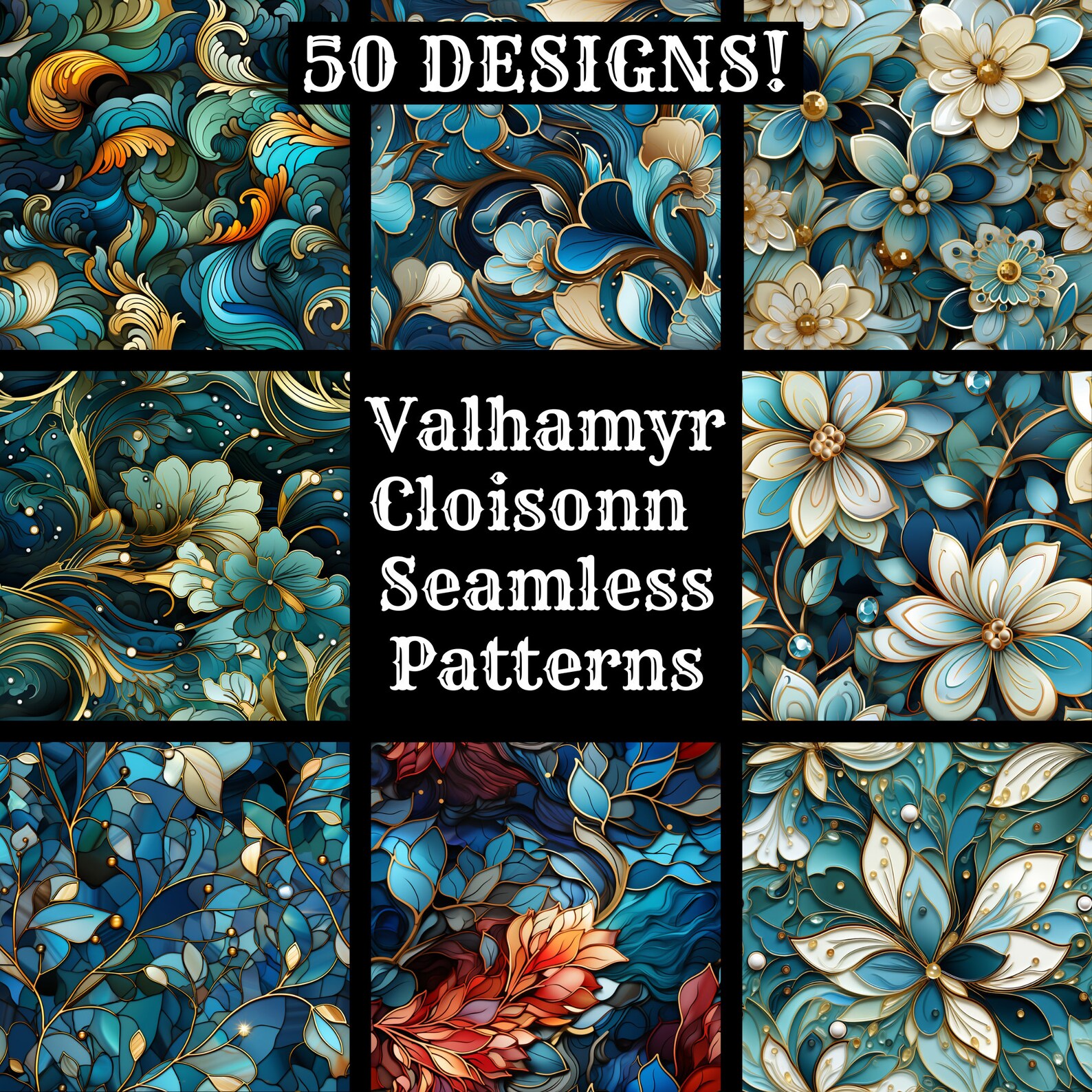 Cloisonne Floral Seamless Pattern: Valhamyr Digital Paper (PNG, 300 Dpi ...