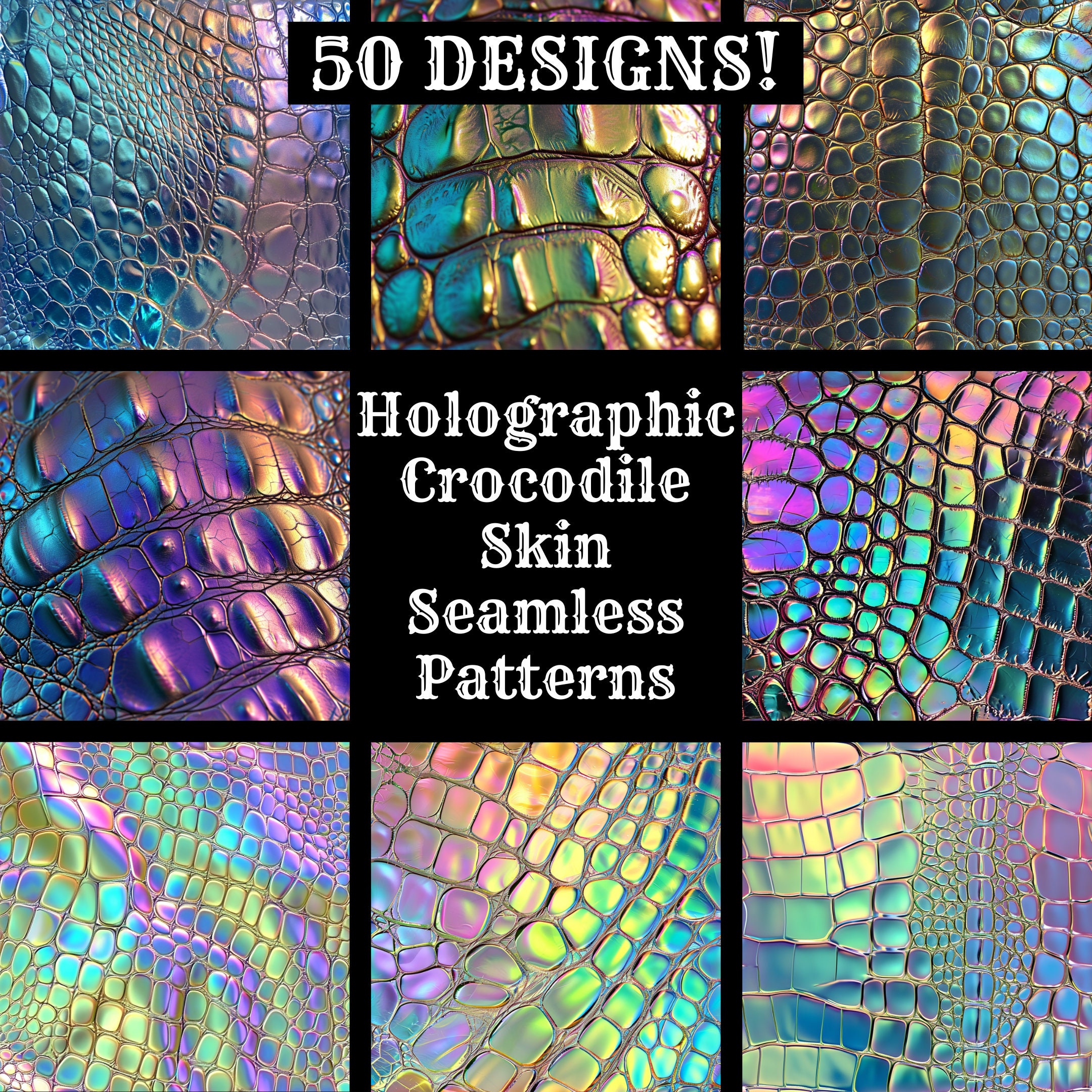 Holographic Crocodile Skin Seamless Pattern: 50 PNG Digital Papers ...