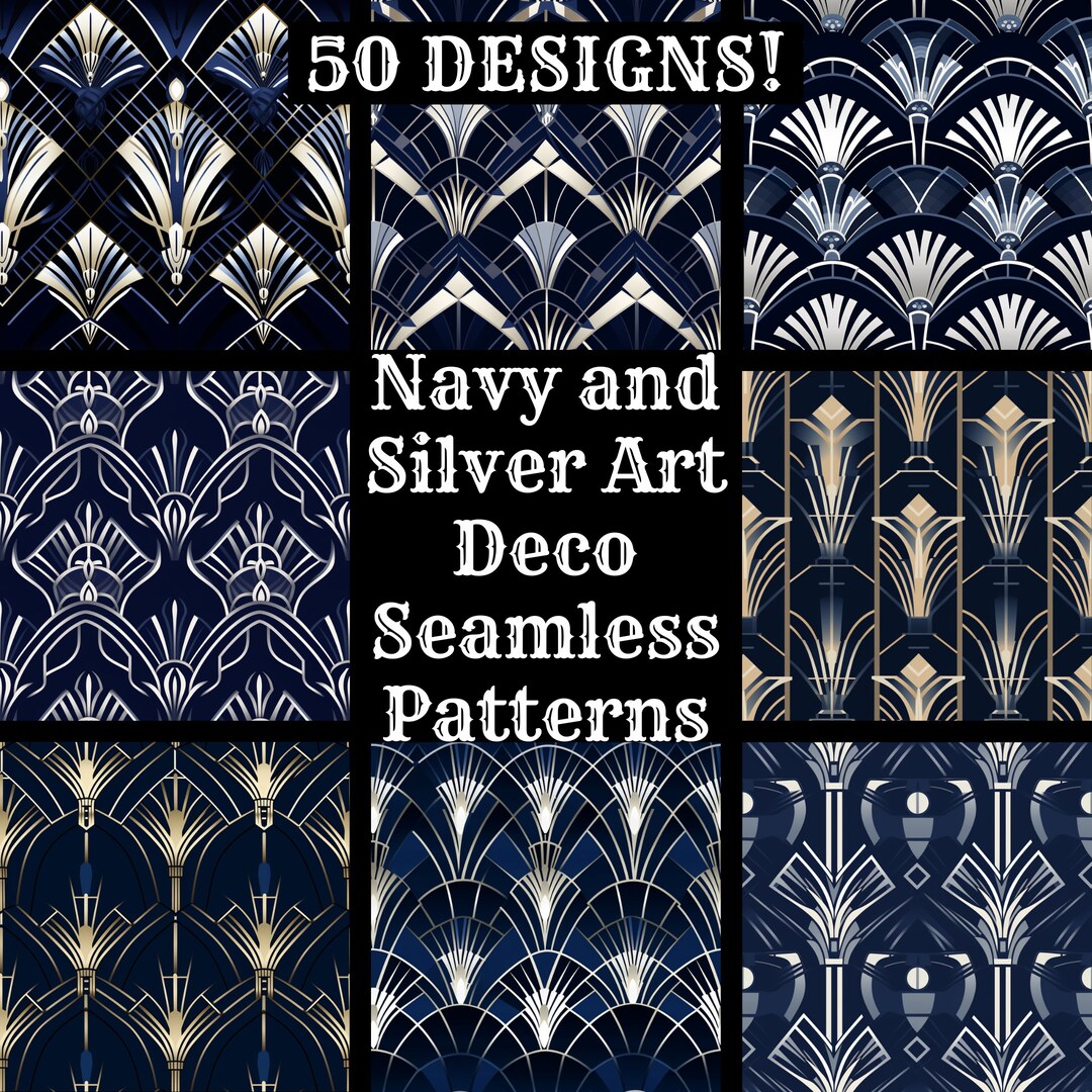 Navy and Silver Art Deco Seamless Digital Paper, Printable Scrapbook ...