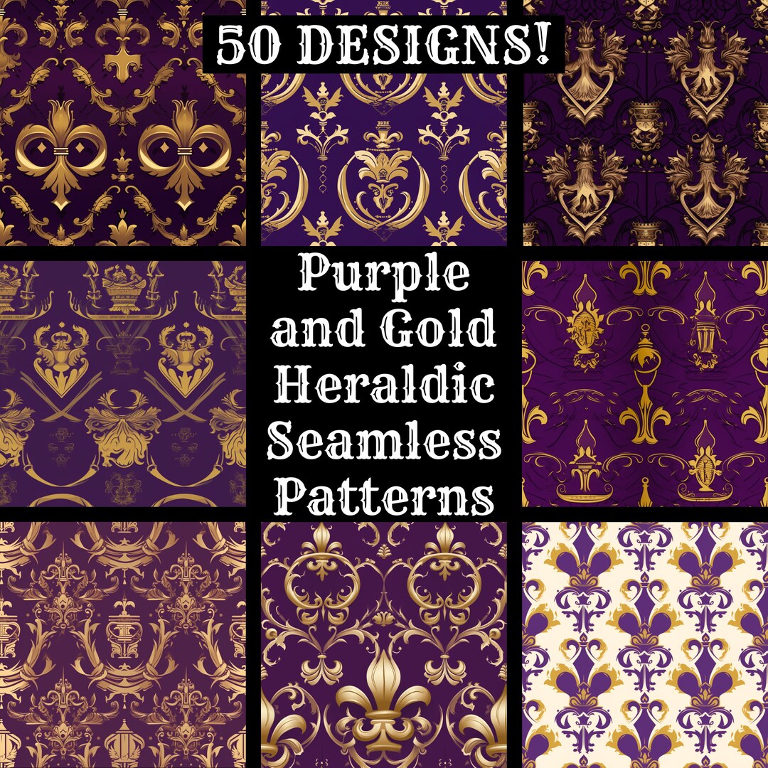 Purple and Gold Heraldic Seamless Patterns: Scrapbook Paper (digital ...