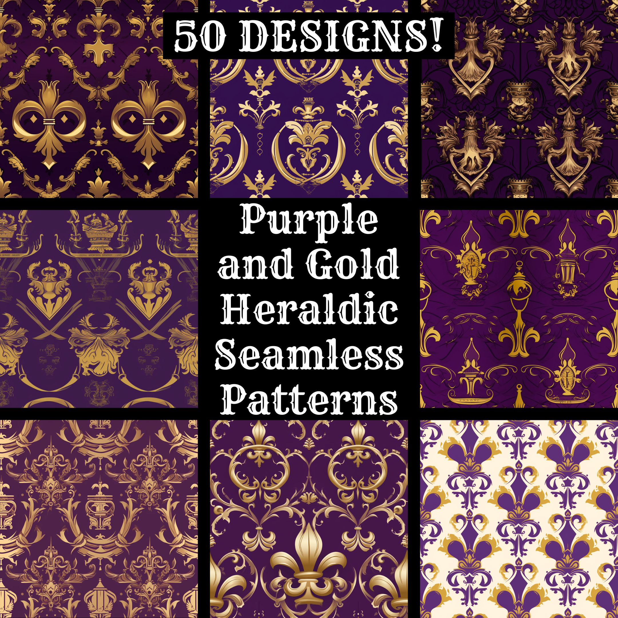 Purple and Gold Heraldic Seamless Digital Paper, Printable Scrapbook ...