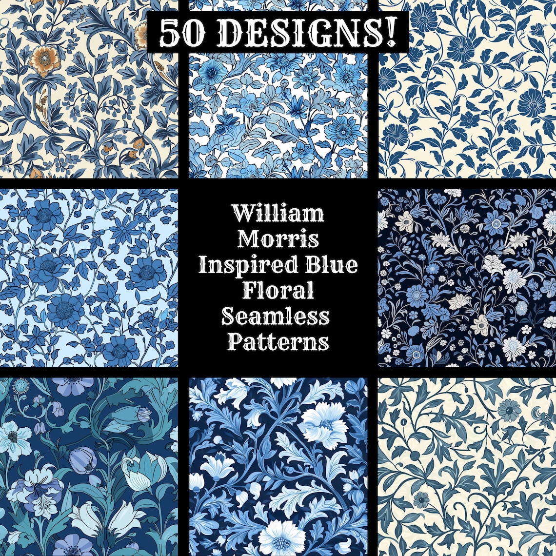 William Morris Inspired Blue Floral Seamless Patterns (digital Download ...