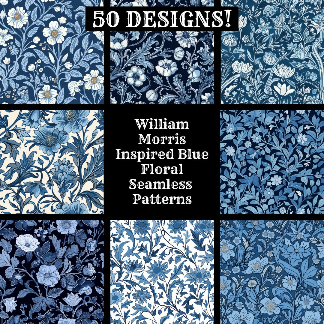 William Morris Inspired Blue Floral Seamless Patterns (digital Download ...
