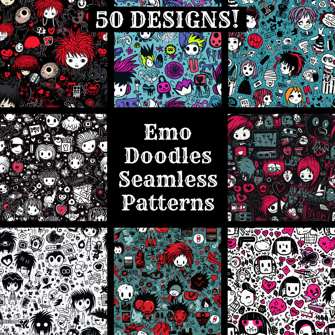 Emo Doodles Seamless Pattern: 50 PNG Digital Papers (digital Download ...