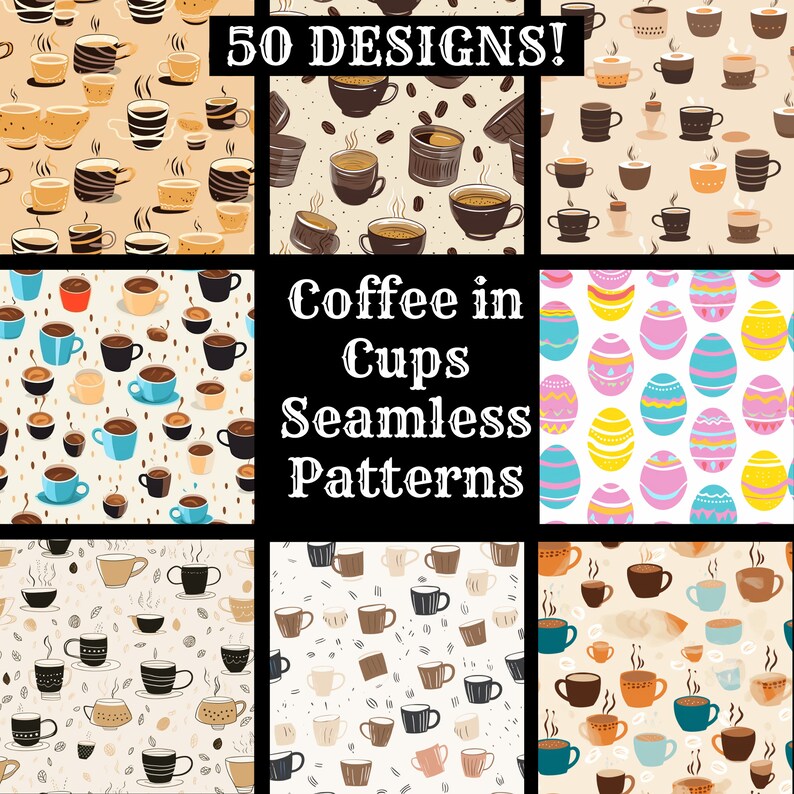 Coffee in Cups Seamless Digital Paper, Printable Scrapbook Paper ...