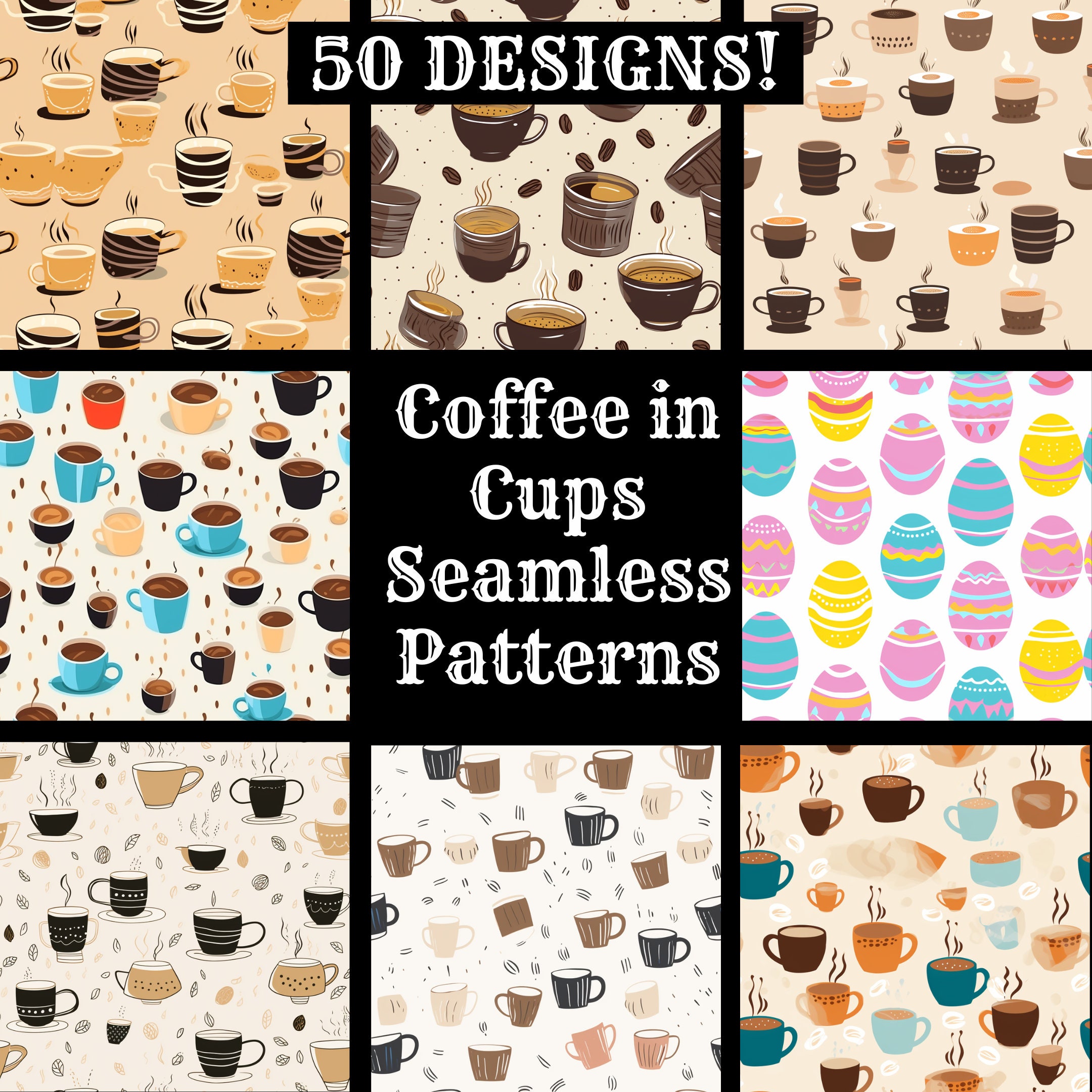 Coffee in Cups Seamless Digital Paper, Printable Scrapbook Paper ...