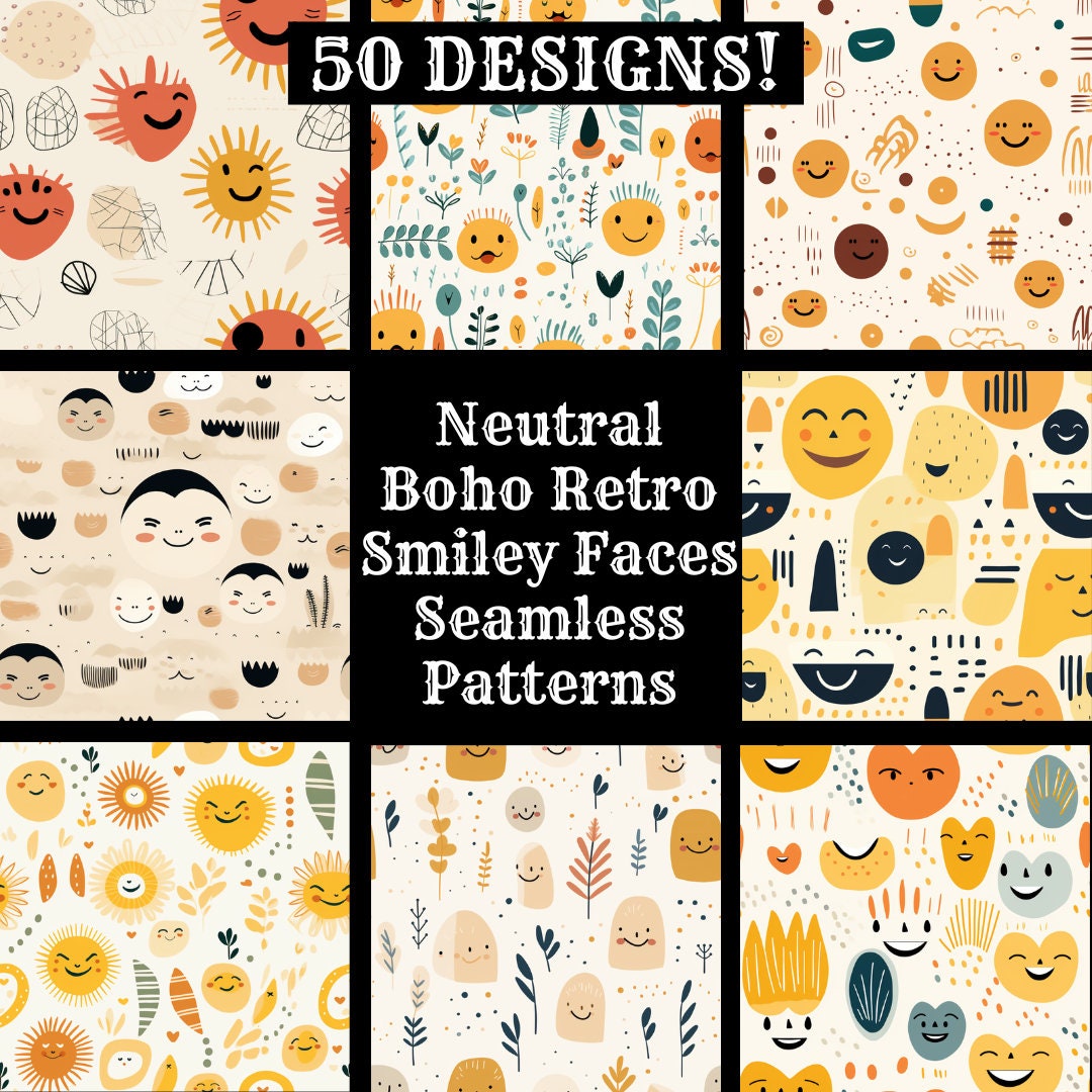 Boho Smiley Faces Seamless Pattern: Retro Neutral Digital Paper (PNG ...