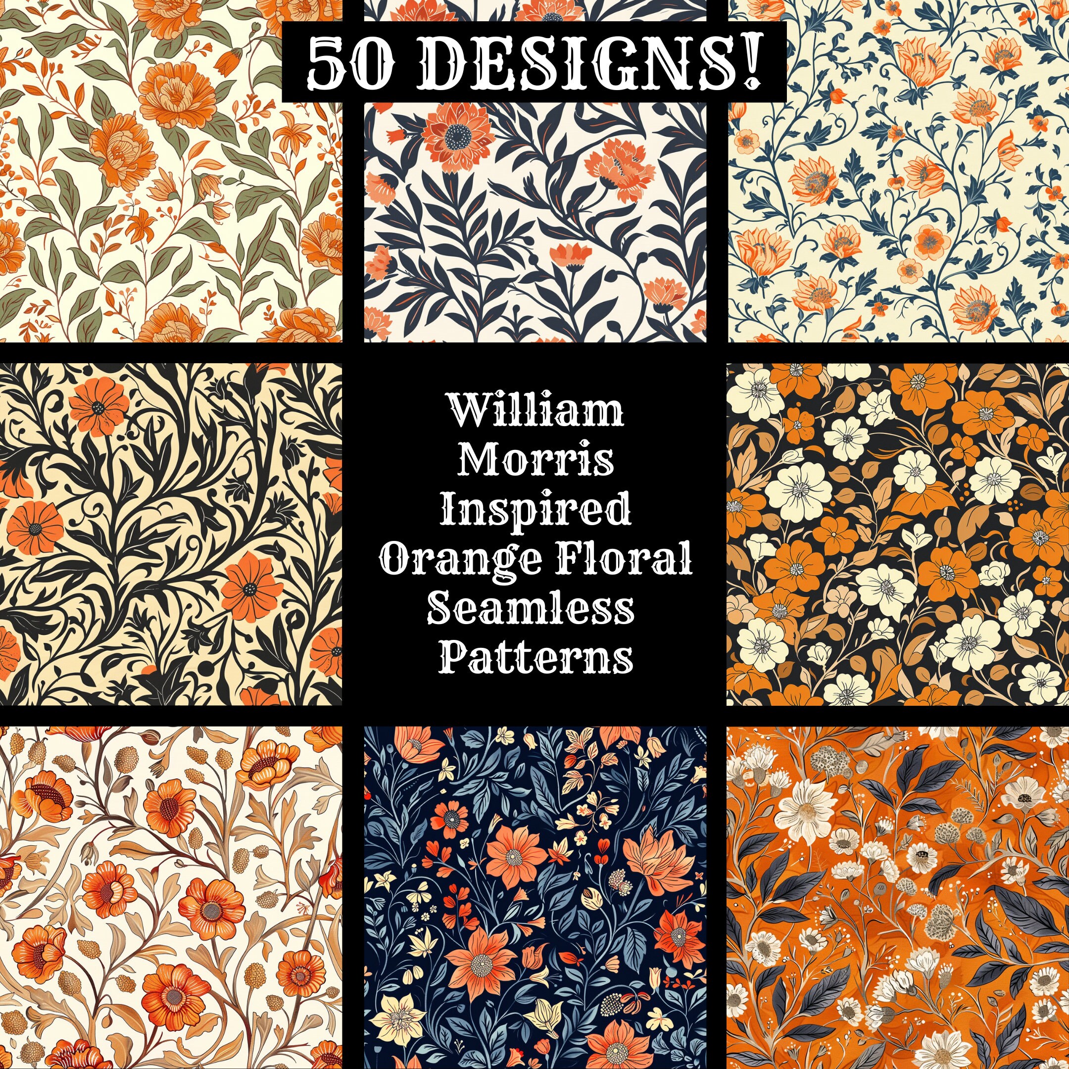 William Morris Inspired Orange Floral Seamless Pattern (digital ...