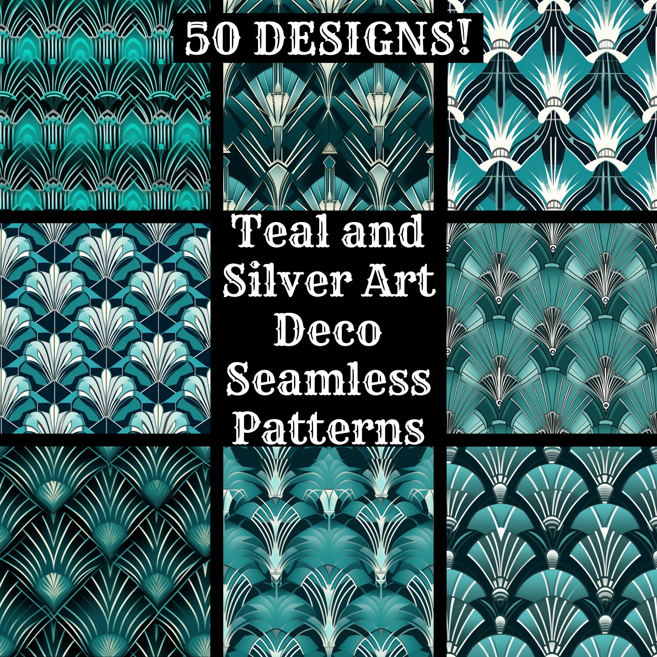 Teal and Silver Art Deco Seamless Digital Paper, Printable Scrapbook ...