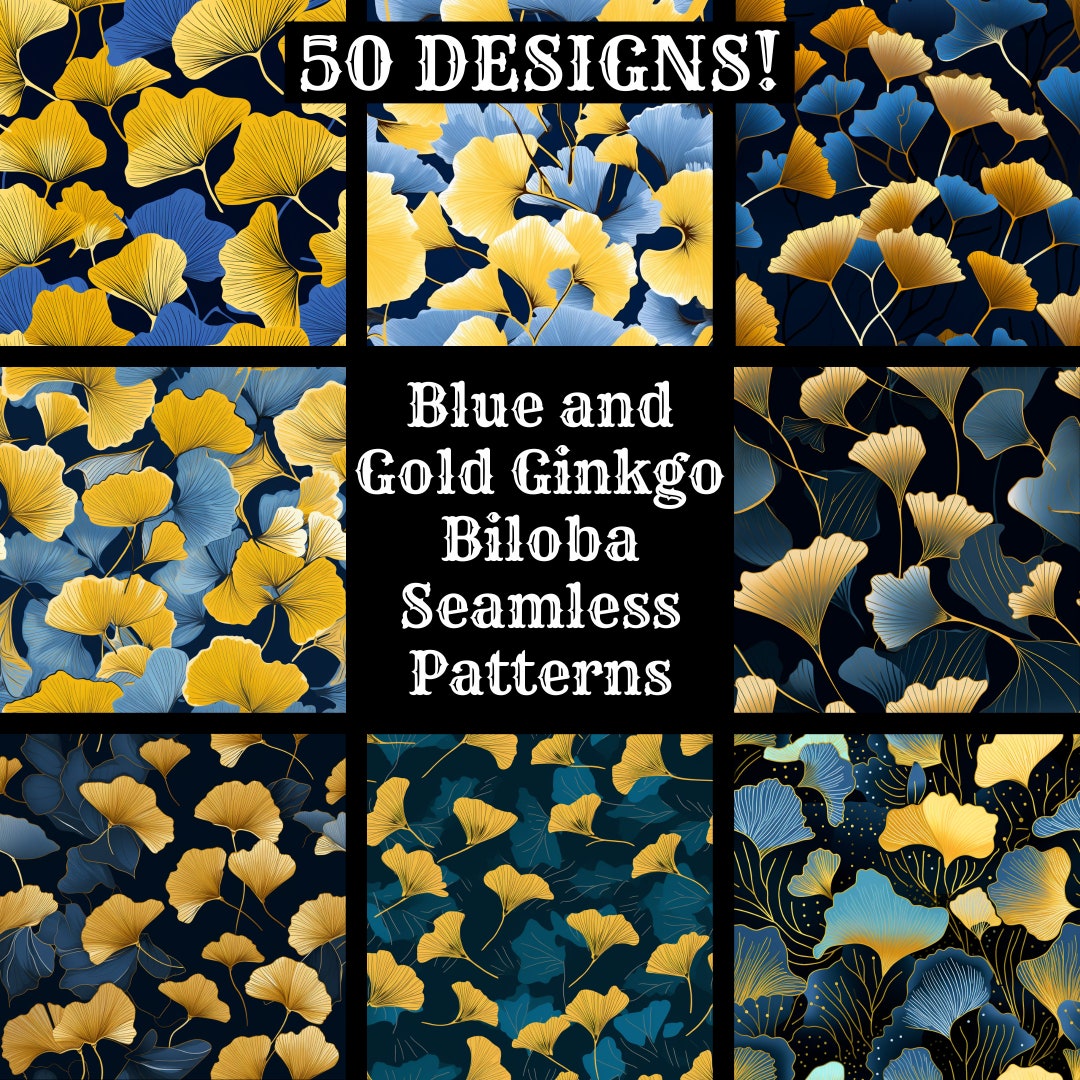 Blue and Gold Ginkgo Biloba Seamless Digital Paper Printable - Etsy