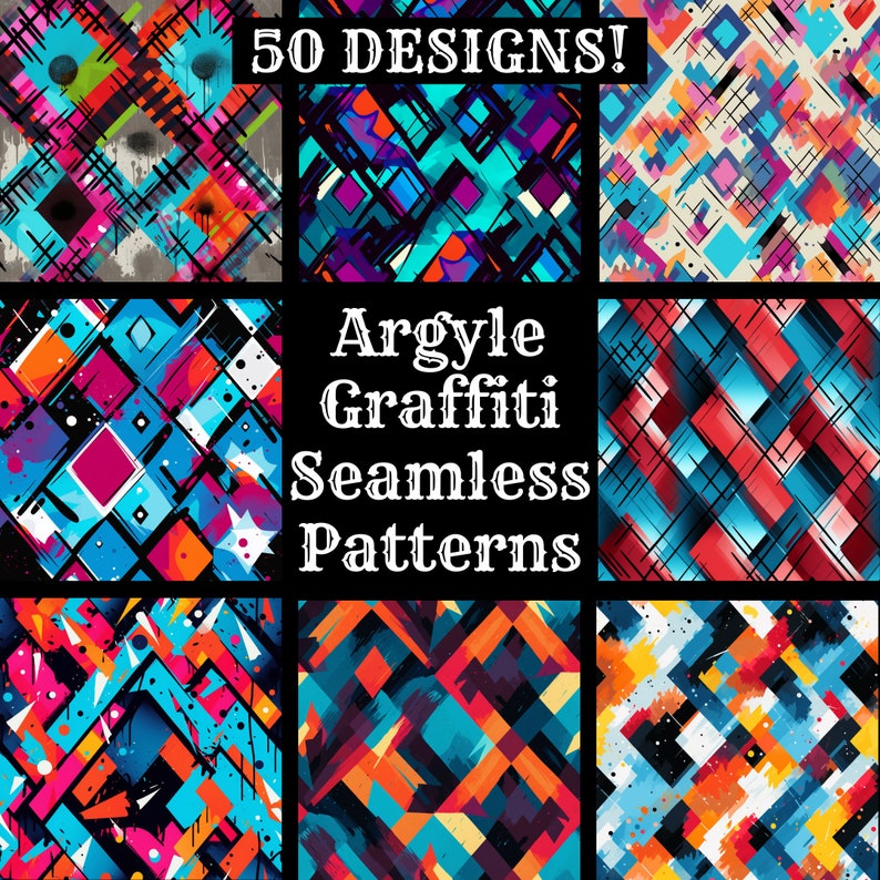 Argyle Graffiti Seamless Pattern: 50 PNG Digital Papers (digital ...