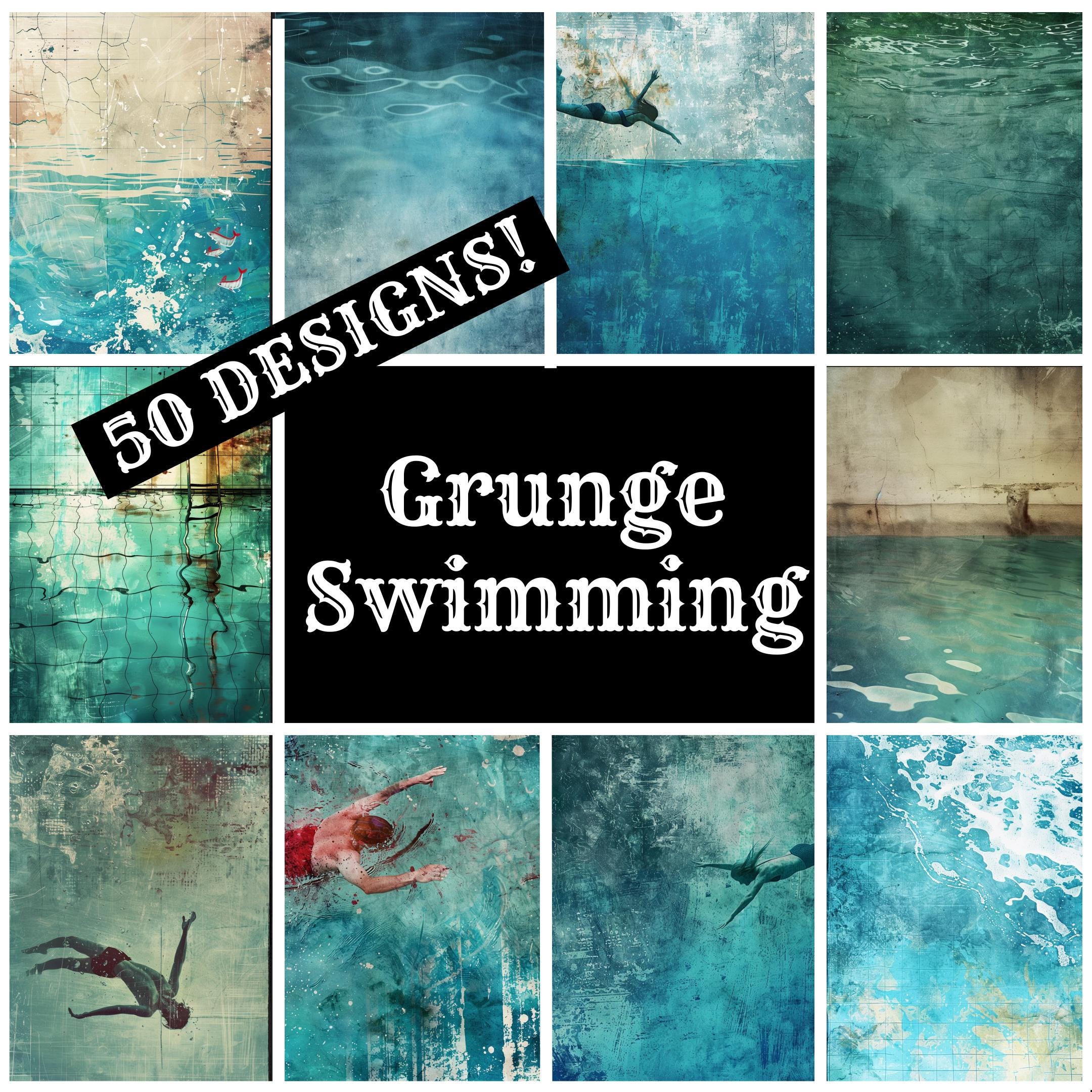 Grunge Swimming Digital Paper: Vintage Journal Inserts (PNG, 8.5x11 In ...