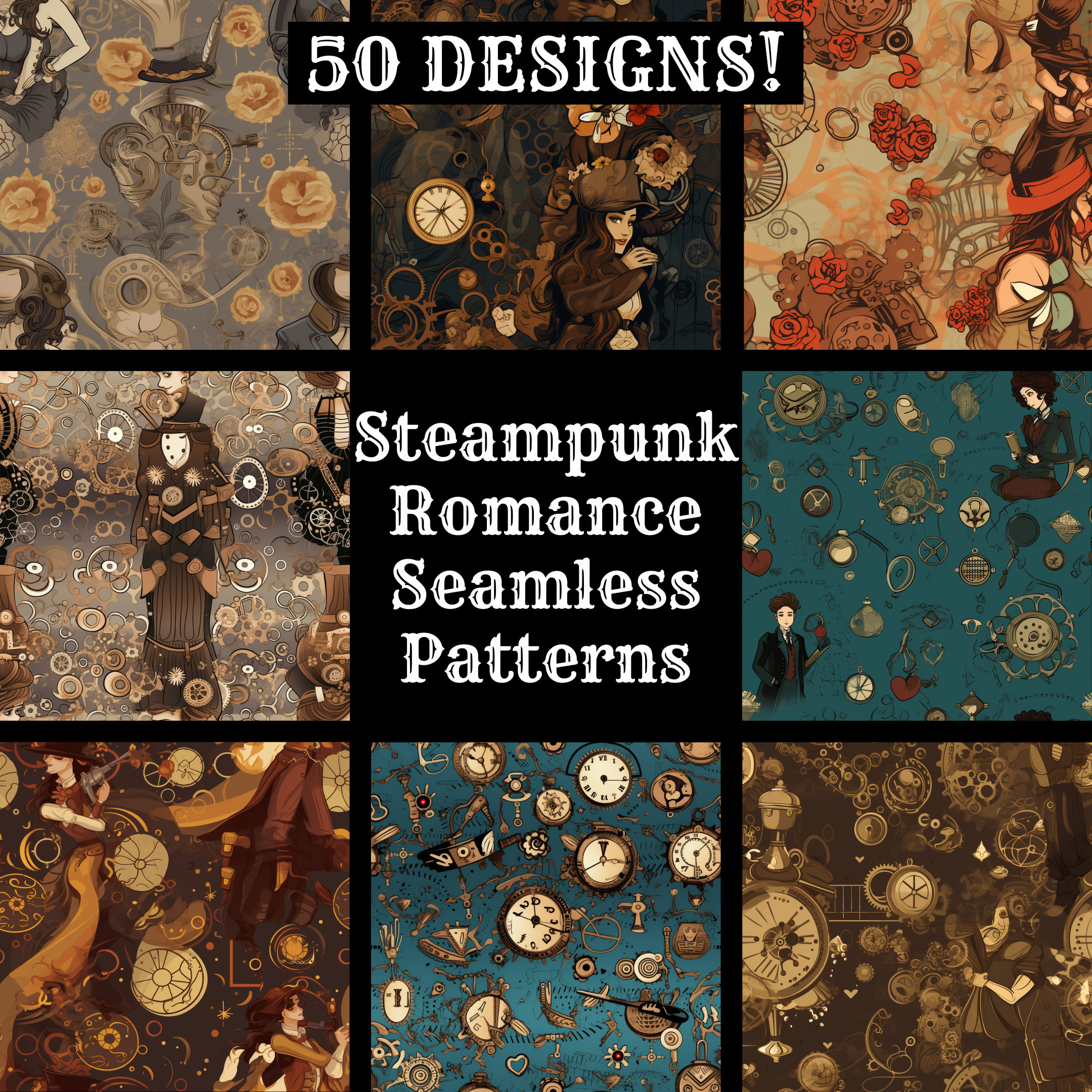 Steampunk Romance Seamless Digital Paper, Printable Scrapbook Paper ...