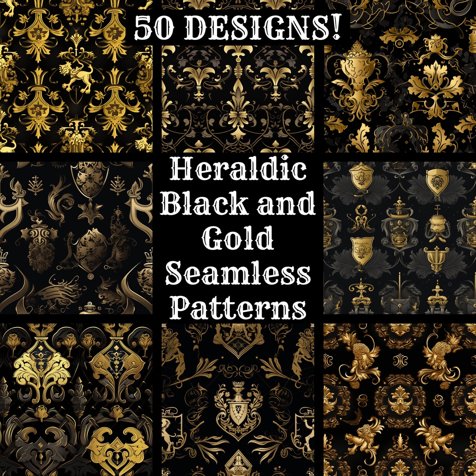 Heraldic Black and Gold Seamless Digital Paper Printable - Etsy