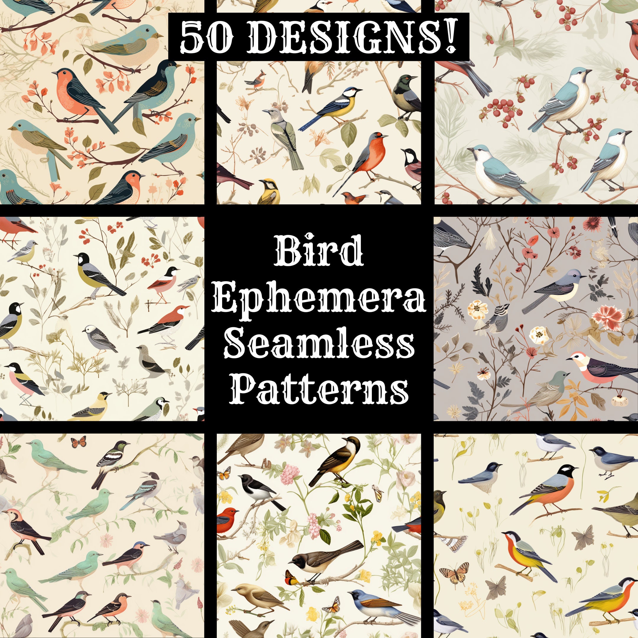 Bird Ephemera Seamless Digital Paper, Printable Scrapbook Paper ...