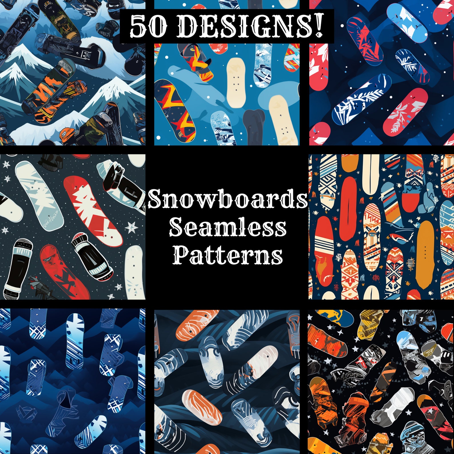 Snowboards Seamless Pattern: 50 PNG Digital Papers (digital Download ...