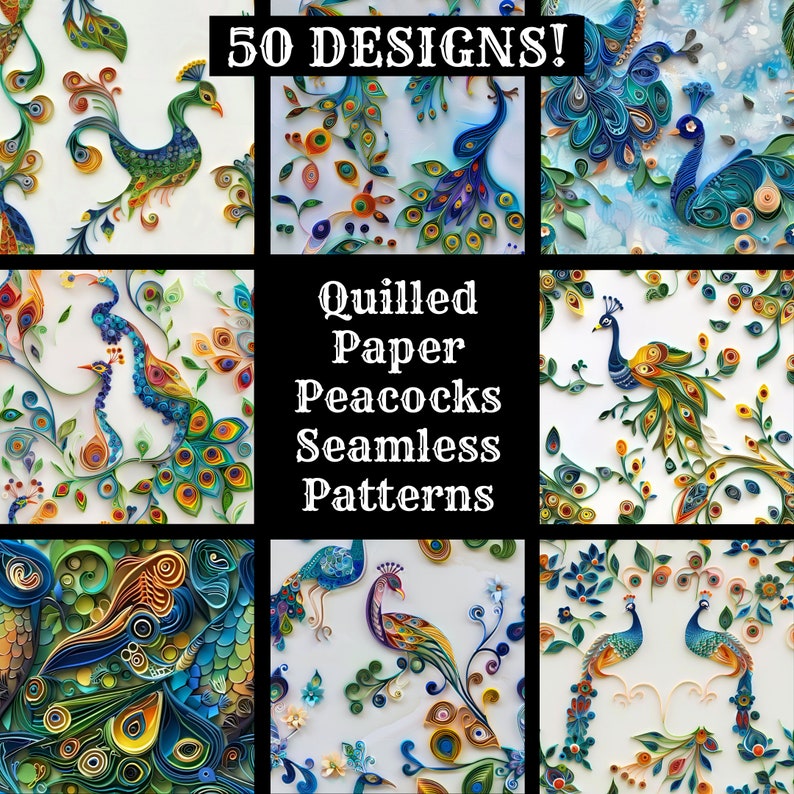 Quilled Paper Peacocks Seamless Digital Paper, Quilled Paper Peacocks ...