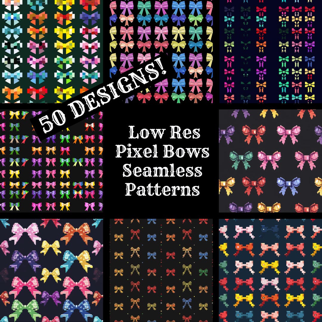 Pixel Bows Seamless Pattern: 50 PNG Digital Papers (digital Download ...