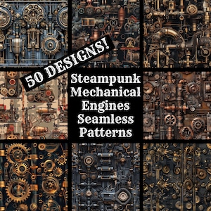 Steampunk Mechanical Engines Seamless Patterns: 50 PNG Digital Papers ...
