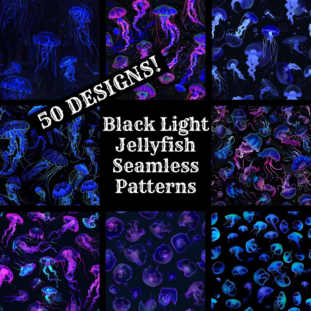 Black Light Jellyfish Seamless Digital Paper, Black Light Jellyfish ...