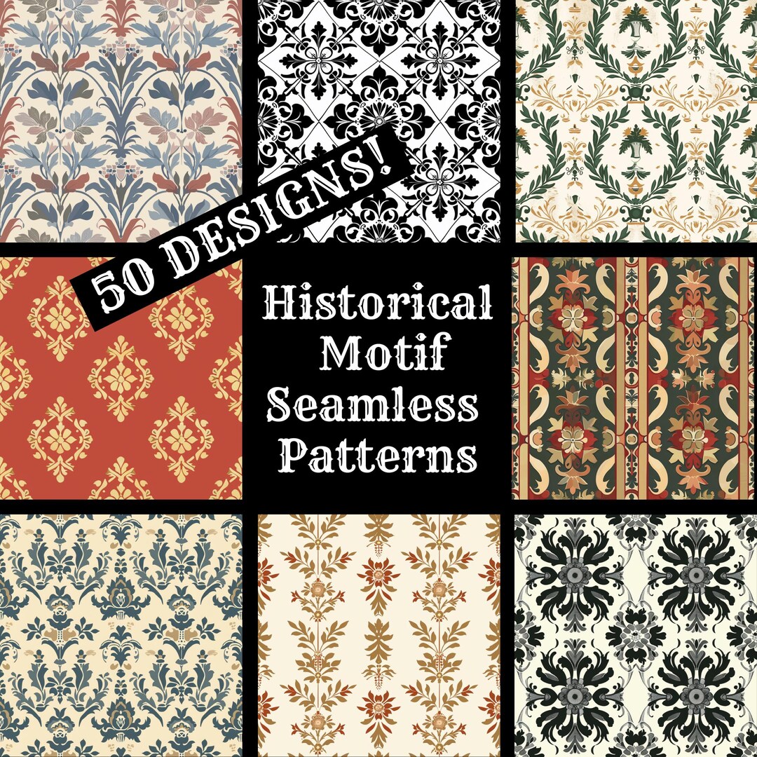 Historical Motif Seamless Pattern: 50 PNG Digital Papers (digital ...