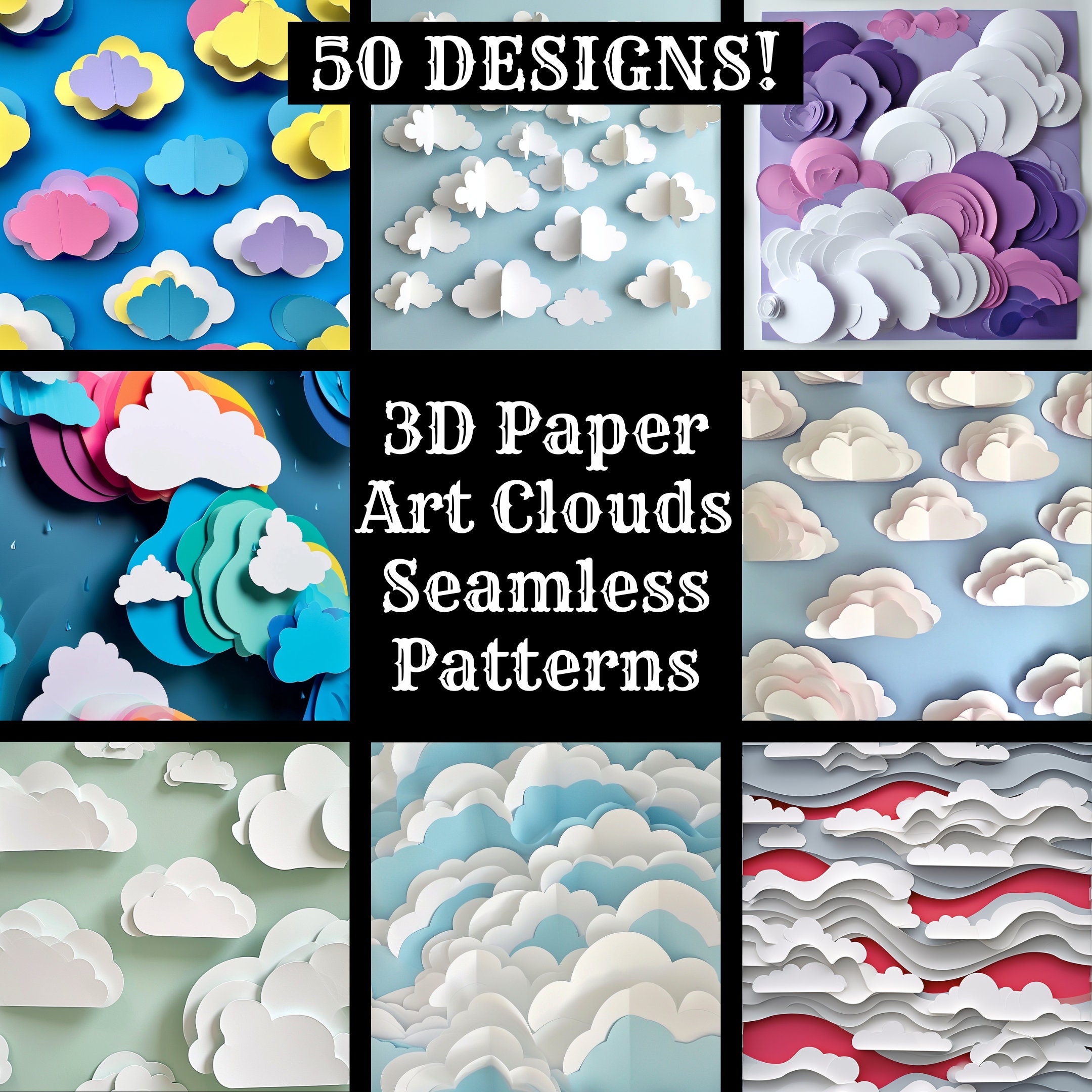 3D Paper Art Clouds Seamless Digital Paper, Printable Scrapbook Paper ...