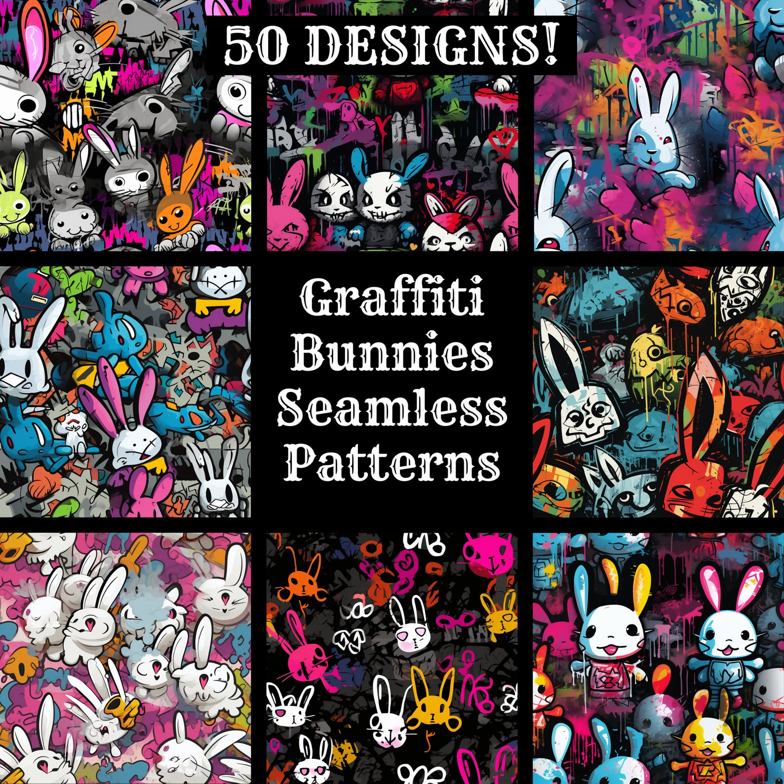 Graffiti Bunnies Seamless Digital Paper, Printable Scrapbook Paper ...