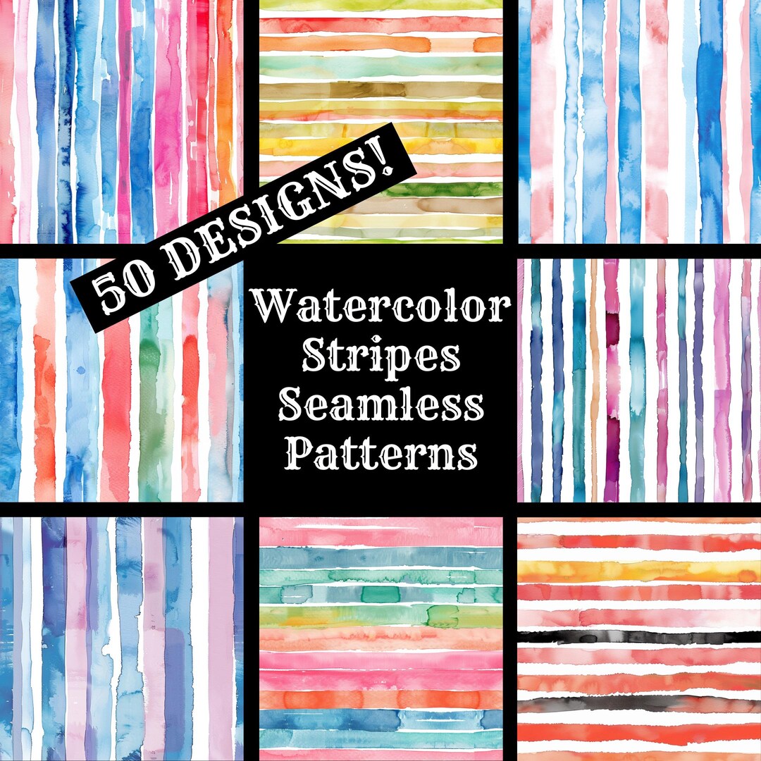 Watercolor Stripes Seamless Pattern: 50 PNG Digital Papers (digital ...