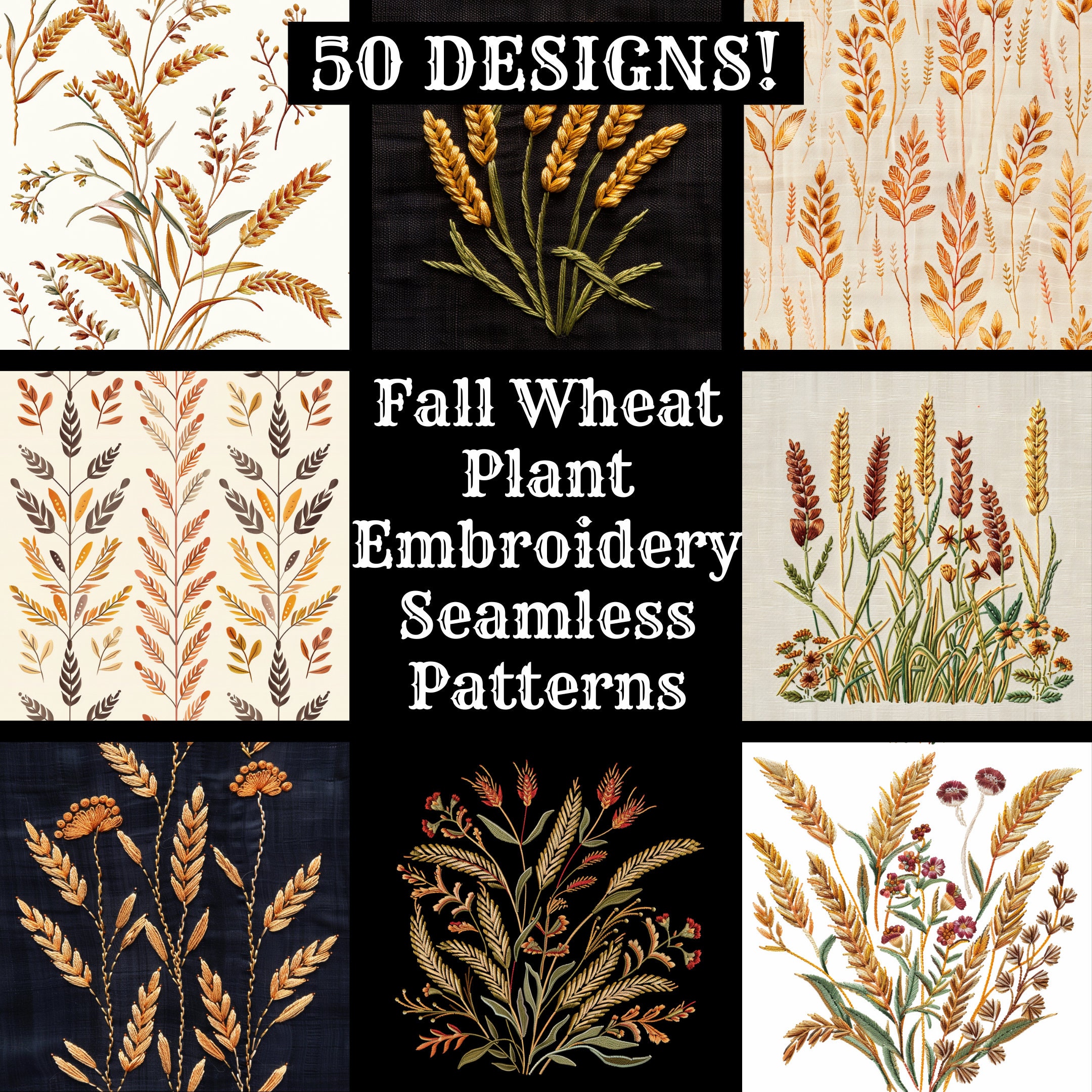 Fall Wheat Embroidery Seamless Pattern: Printable Digital Paper (PNG ...