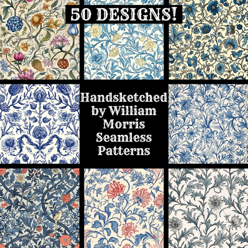 William Morris Hand-sketched Seamless Pattern: Digital Paper (PNG, 300 ...