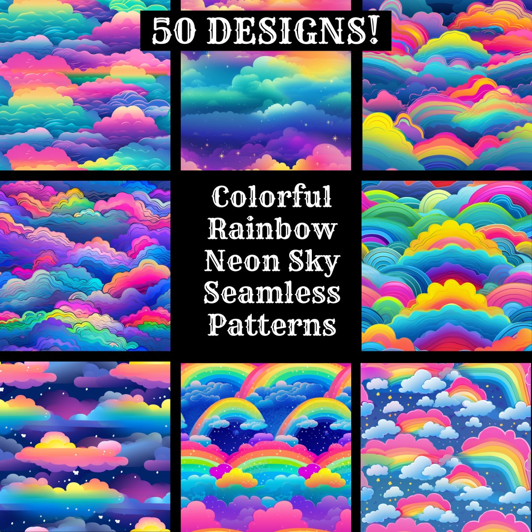 Colorful Rainbow Neon Sky Seamless Digital Paper, Printable Scrapbook ...