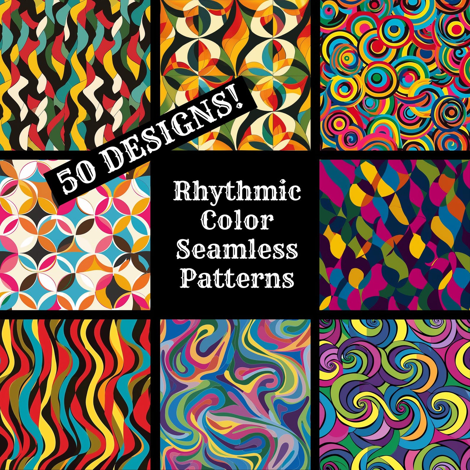 Rhythmic Color Seamless Patterns: 50 PNG Digital Papers (digital ...