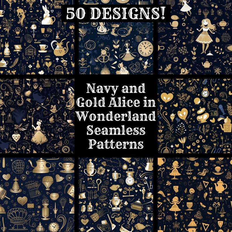 Navy and Gold Alice in Wonderland Seamless Digital Paper Printable ...
