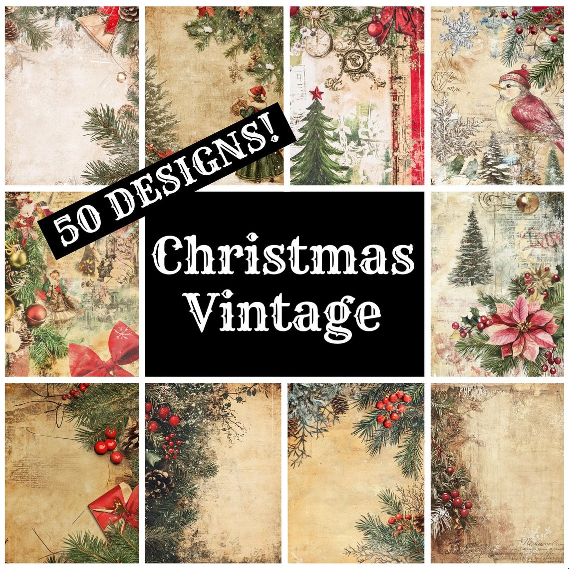 Christmas Vintage Journal Paper: 50 PNG Printable Designs (digital ...