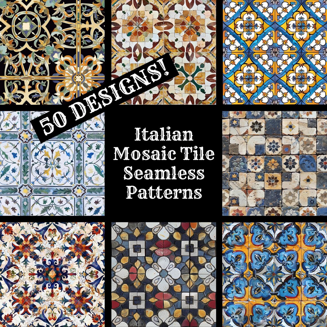 Italian Mosaic Tile Seamless Patterns: 50 PNG Digital Papers (digital ...