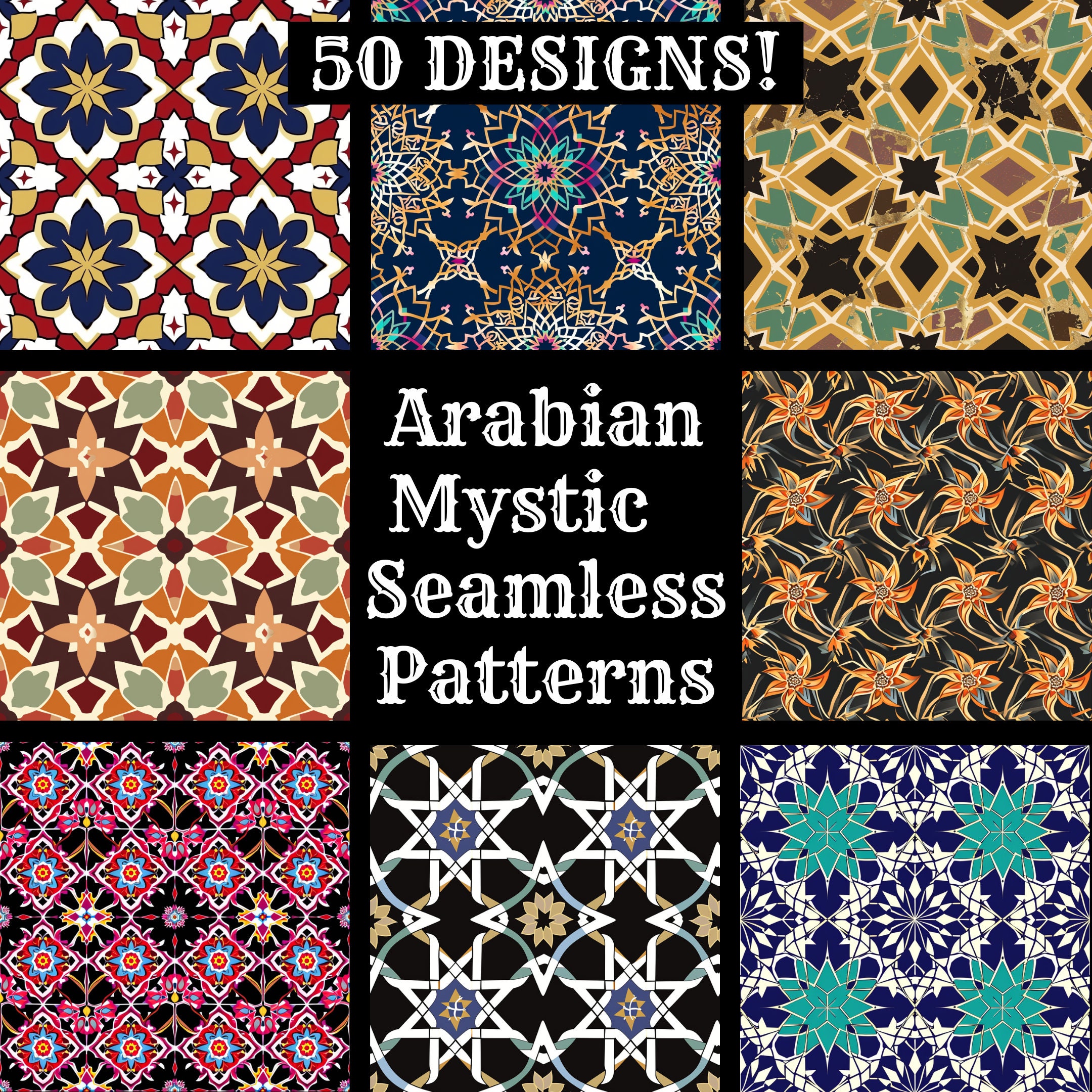 Arabian Mystic Seamless Patterns: 50 PNG Digital Papers (digital ...