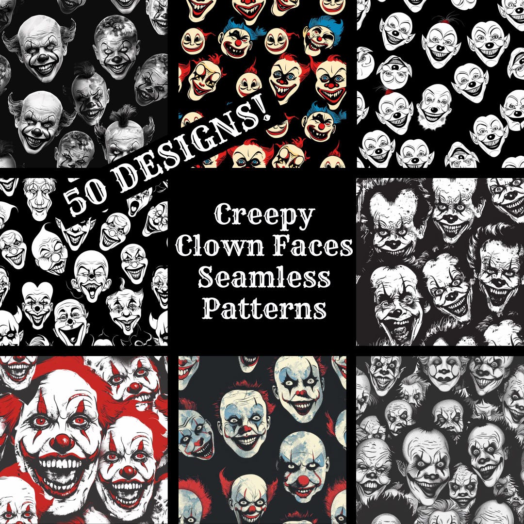 Creepy Clown Faces Seamless Pattern: 50 PNG Digital Papers (digital ...